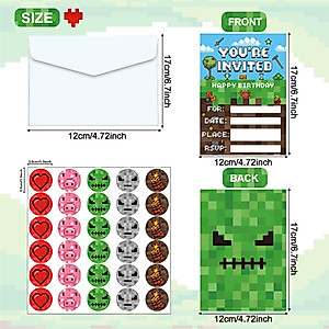ZOIIWA Pixel Party Invitations with Envelopes, 30 Pieces, Video Game Themed Birthday Party Decorations
