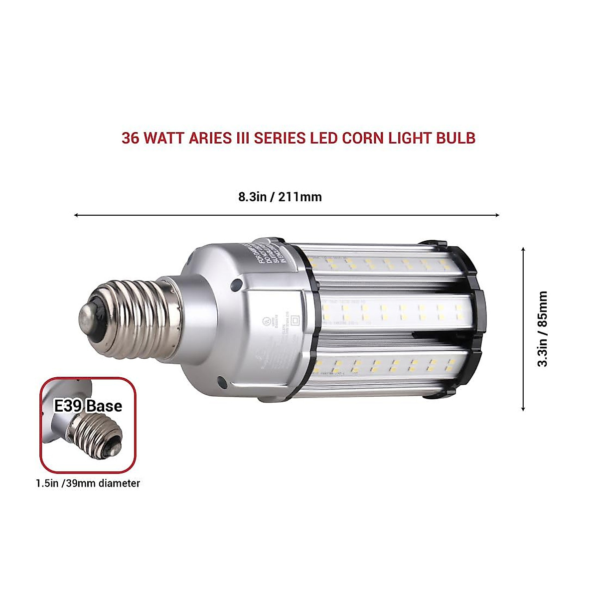RuggedGrade 100 Watt E39 LED Corn Bulb - Aries III Series - 13,400 Lumens - 4000K - DLC 5.1 - Fanless 6KV Surge