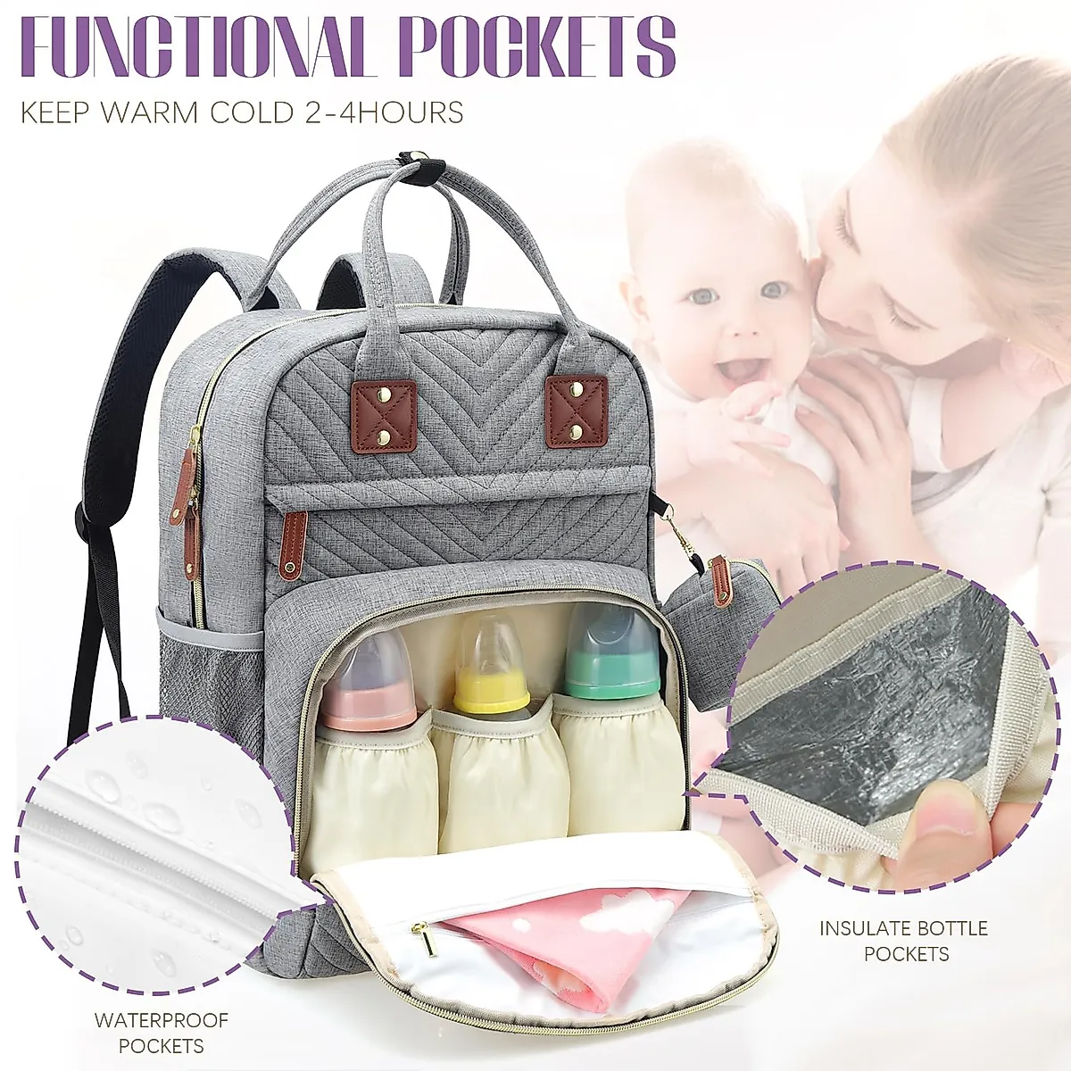 Tuwubi Diaper Bag Backpack, Baby Essentials Travel Tote Bag, Multi function Waterproof Backpacks, Travel Essentials with Stroller Straps & Pacifier Case - Grey