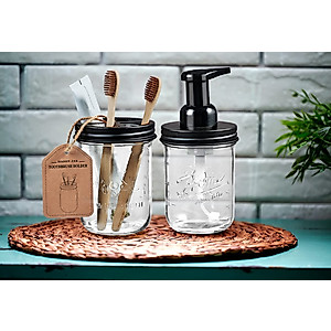 Mason Jar Bathroom Accessories Set - Includes Mason Jar Foaming Hand Soap Dispenser and Toothbrush Holder - Rustic Farmhouse Decor Apothecary Jars Bathroom Countertop and Vanity Organizer (Black)
