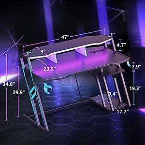MOTPK Gaming Desk with Power Outlet & LED Lights, Gaming Computer Desk 47inch with PC Storage Shelf, Gaming Table with Carbon Fiber Texture, Gamer Desk, Gift for Boys Men, Black