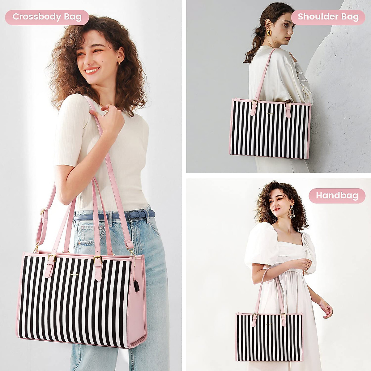 LOVEVOOK Women's Tote Bag - Large Capacity Handbag, Business Briefcase Travel Bag - 2 Pcs Set for 15.6-inch Laptop, Pink-Stripe