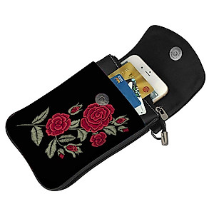 Beabes Red Rose Crossbody Cell Phone Purse Flower Floral Romantic Watercolor EmbroideryWallet Handbag