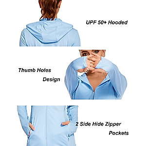 COOrun Women's UPF 50+ Sun Protection Hoodie Jacket Lightweight Full Zip Running Jacket Athletic Jacket with Thumb Holes Deep Sky Blue XL