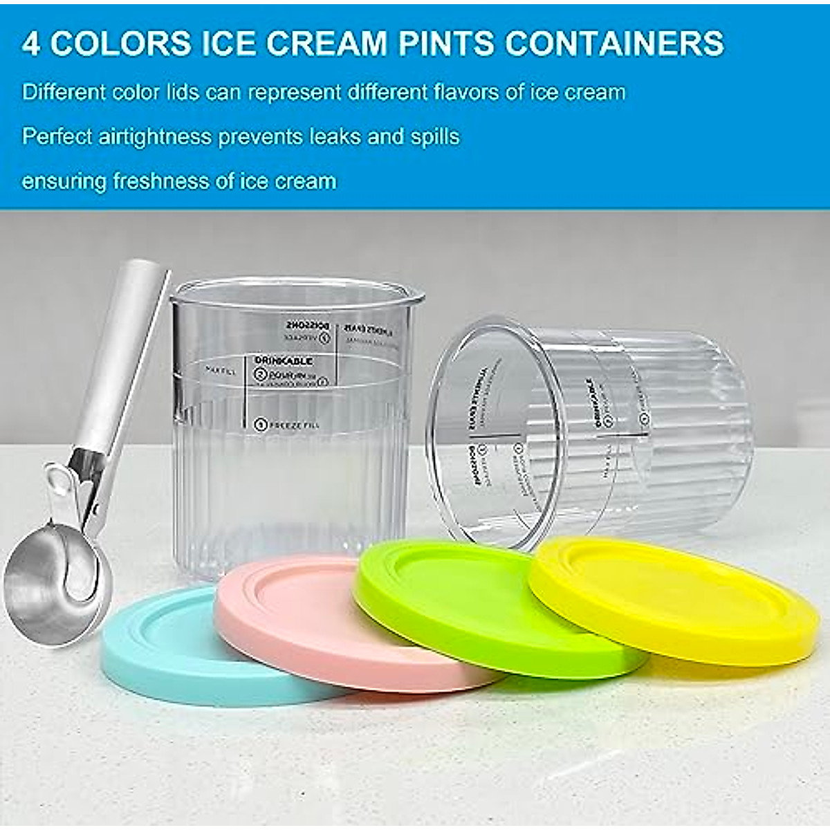 CUTIECLUB 4 Ice Cream Pint Containers 24oz and Lids for Ninja Creami NC500 NC501 Series Deluxe ice Cream Makers, and Stainless Steel Ice Cream Scooper with Trigger Release Set