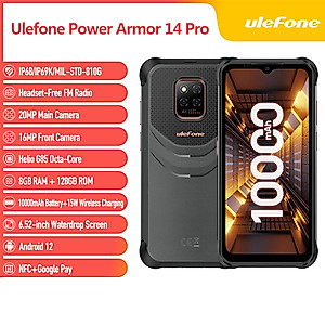 Ulefone Power Armor 14 Pro 10000mAh Rugged Smartphone 2023, Android 12 6GB+128GB IP68 Waterproof Phone, 20MP Triple Rear Camera, Wireless Charging, 6.52"HD+ Screen Dual SIM 4G Rugged Phone OTG NFC FM