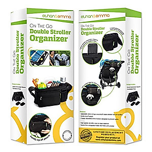 Ethan & Emma Double Stroller Organizer with Cup Holders - Fits Both Single & Double Strollers - Secured Fit & Extra Storage - Universal Stroller Organizer and Stroller Accessory Black
