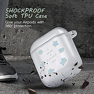 Newseego Compatible with Airpods 1&2 Case, Cute Clear Girl Fashion Blue Small Flower Design Full Protective Soft Silicone Cover with Blue Small Flower Keychain for Kids and Womens -Blue Flower