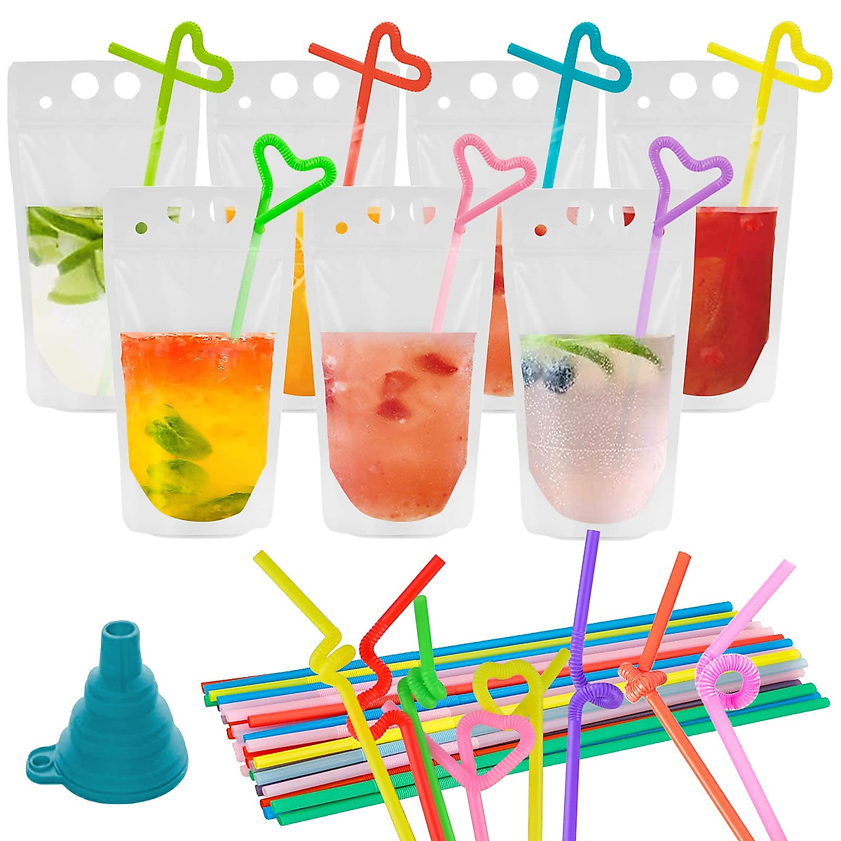 Enkrio 100Pcs Drink Pouches for Adults Clear Drink Pouches with Straws Juice Pouches for Adults Plastic Drink Bags Stand up Hand-held Zipper Smoothie Bags with 100 Straws & Silicone Funne