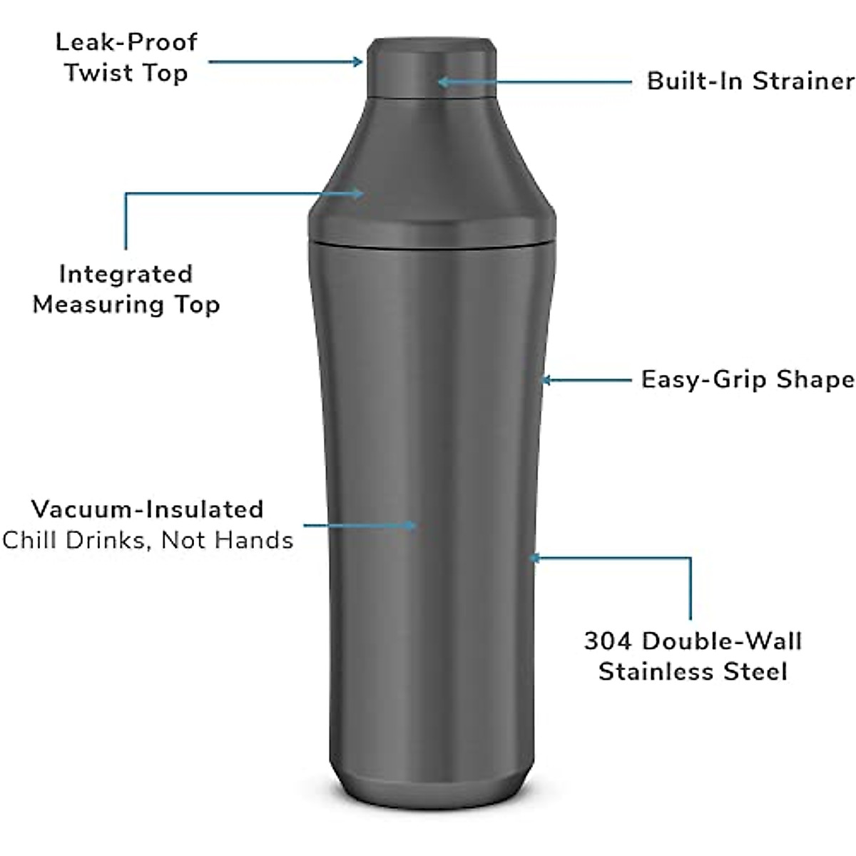 Elevated Craft Hybrid Cocktail Shaker - Premium Vacuum Insulated Stainless Steel Gunmetal Cocktail Shaker - Innovative Measuring System - Martini Shaker for the Home Bartender - 28oz Total Volume
