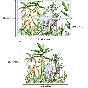 Tropical Rainforest Animals Plants Wall Stickers, AUHOKY Removable Cartoon Elephant Giraffe Nordic Plant Wallpaper Decor, Peel and Stick Art Murals for Kids Bedroom Background Nursery Home Decorations