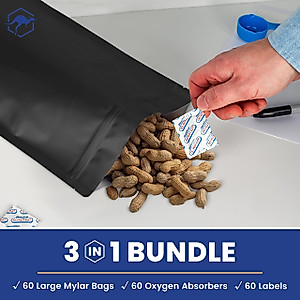 75 Wallaby Mylar Bags - 1 Gallon - Black (5 Mil - 10’’x14’’) + 60 Stand Up Mylar Bags (7.5 Mil-10’’x14’’) Bundle with Oxygen Absorbers and Labels - Heat Sealable, FDA Grade