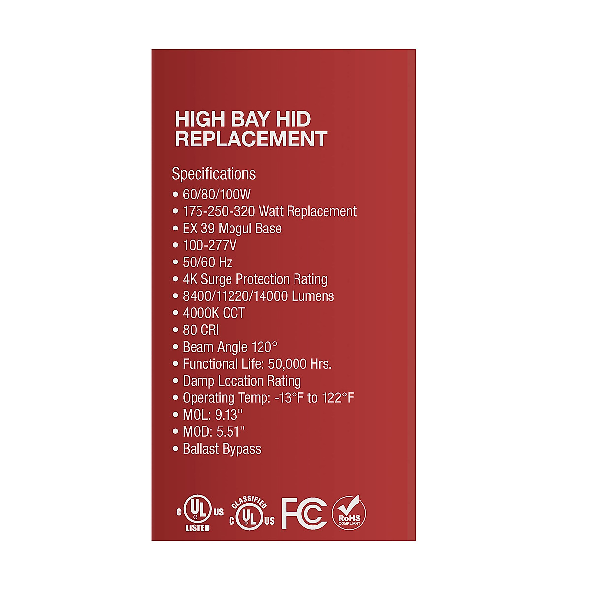 Satco S33112 Hi-Pro LED High Bay Wattage-Selectable HID Replacement Light, White, 60W/80W/100W