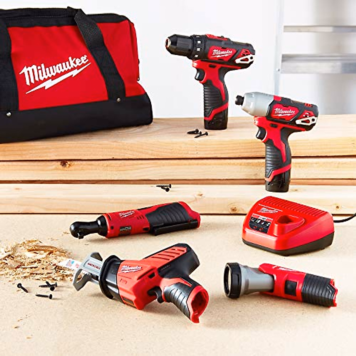 Milwaukee 2498-25 M12 12-Volt Lithium-Ion Cordless Combo Kit (5-Tool) with (2) 1.5Ah Batteries, Charger and Tool Bag