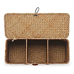 Seagrass Tank Basket with Lid Woven Toilet Roll Storage Basket with Sections Rectangular for Organize Snack Toys (Large Compartment 16.5inch L x 5.5inch W x 5.5inch H)