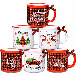 ZOIIWA 6 Pack Christmas Coffee Mug Set with Red Black Plaid Ribbon for Holiday Party Ceramic Mugs For Christmas Gift Christmas Theme Decor for Home Kitchen Table Centerpieces Decor Housewarming Gift
