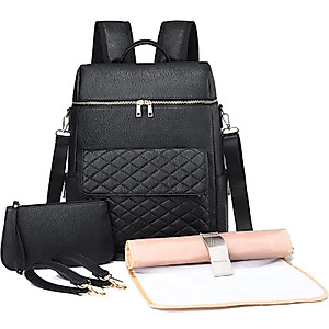 Diaper Bag Backpack Leather Baby Bag with Multiple Pockets, Changing Station, Stroller Straps, Large Capacity for Wet Clothes, Breast Pump, Milk Bottle Black