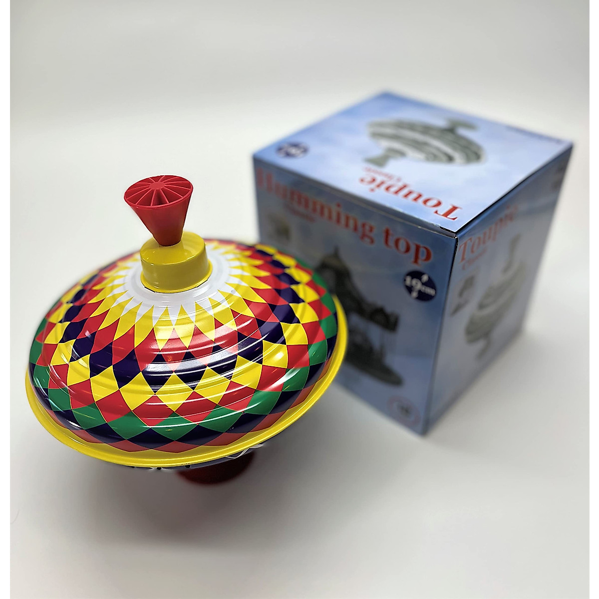 Classic Multicolour Spinning Tin Top Toy from KsmToys by Bolz. The Funny Buzzing Hum Gets Louder As The Top Spins Faster, 7.5" x 7.5" x 7.5" Ages 18 m+