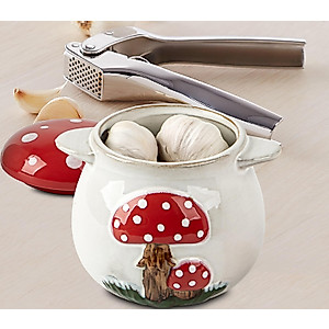 dgudgu Mushroom Garlic Keeper With Ceramic Container for Counter - Red Garlic Holder and Saver