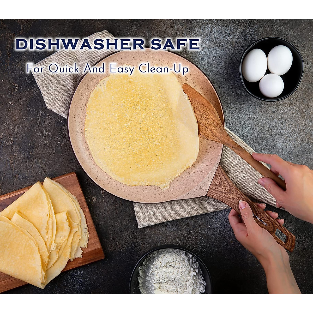 WaxonWare 11 inch Nonstick Crepe Pan Set with Crepe Spreader: Marbellous Series Flat Stove Top Nonstick Pan for Crepes, Tortilla, and Dosa - 100% PFOA Free Non Stick German Coating - Pancake Pan