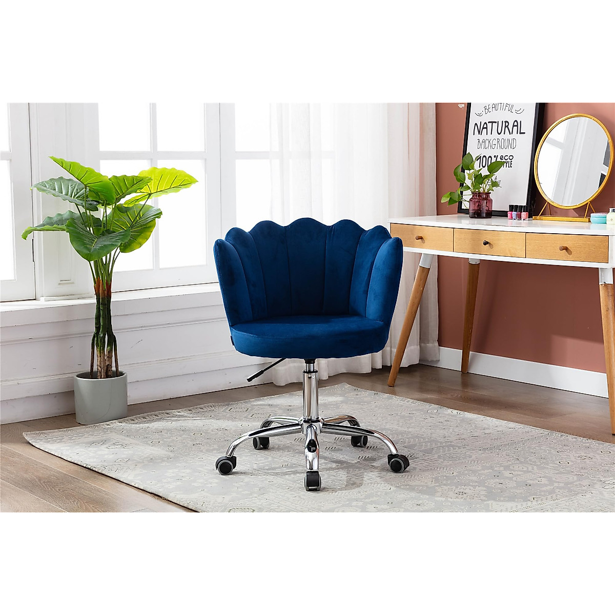 Swivel Shell Chair for Living Room & Bedroom - Modern Leisure Velvet Office Chair with Curved Backrest, Adjustable Lift Seat, Five-Star Base with Casters for Mobility, Metal & PolyWood Frame (Navy)