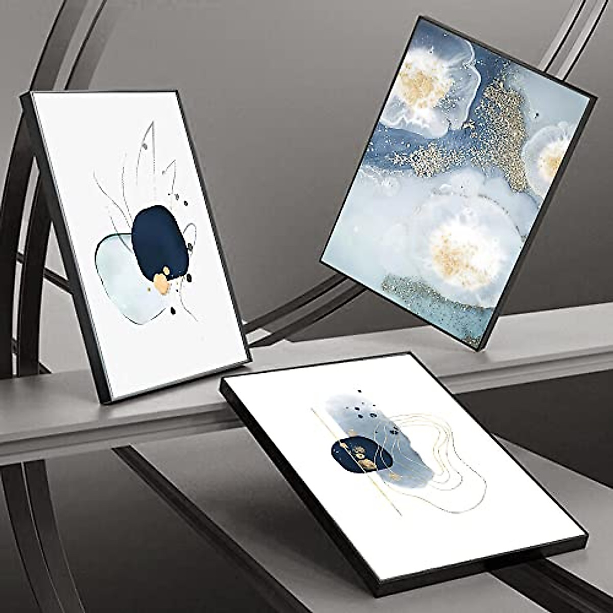 3 Framed Abstract Canvas Wall Art, Artwork in Blue, White and Grey, Simple and Elegant for Living Room Bedroom Office Decor