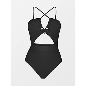 CUPSHE Women's One Piece Swimsuit Plunge Neckline Cutout Criss Cross Bathing Suit Black M