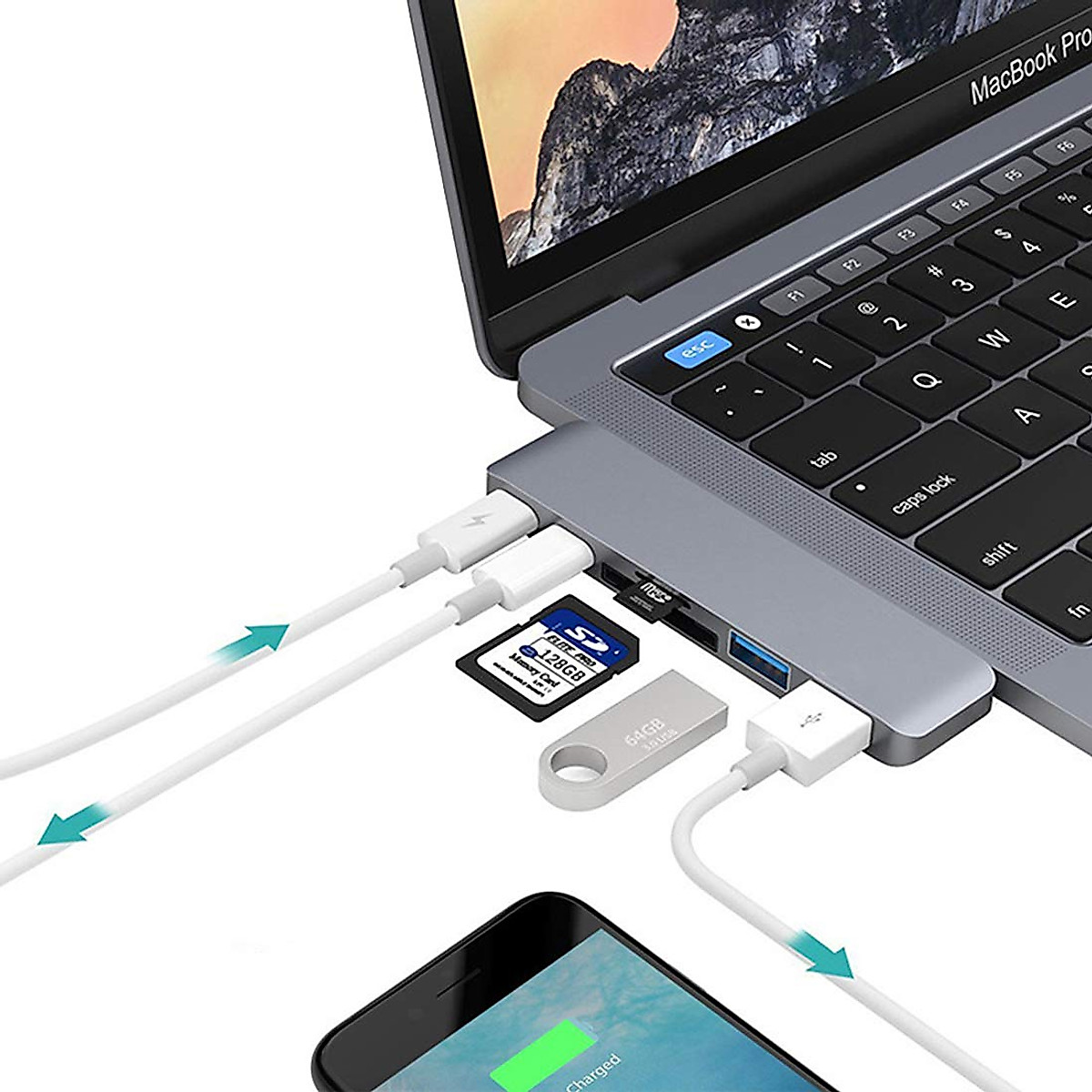 Jiali USB-C Hub Converter 6 in 1 Multi-Function Aluminium Alloy 5Gbps Transfer Rate Dual USB-C/Type-C HUB Adapter with 2 USB 3.0 Ports & 2 USB-C/Type-C Ports & SD Card Slot & TF Card Slot for Macb