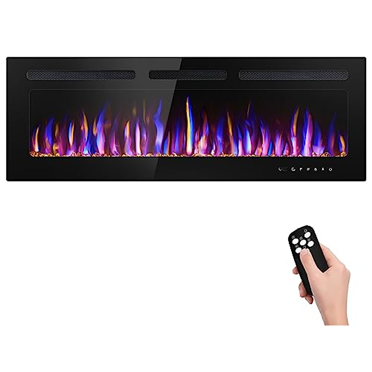 BETELNUT Electric Fireplace 50IN Wall Mounted and Recessed with Remote Control, 750/1500W Ultra-Thin Wall Fireplace Heater W/Timer Adjustable Flame Color and Brightness, Log Set & Crystal Options