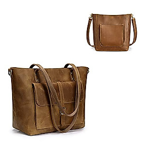 S-ZONE Women Genuine Leather Tote Bag Shoulder Handbag Bundle with Bucket Crossbody Purse