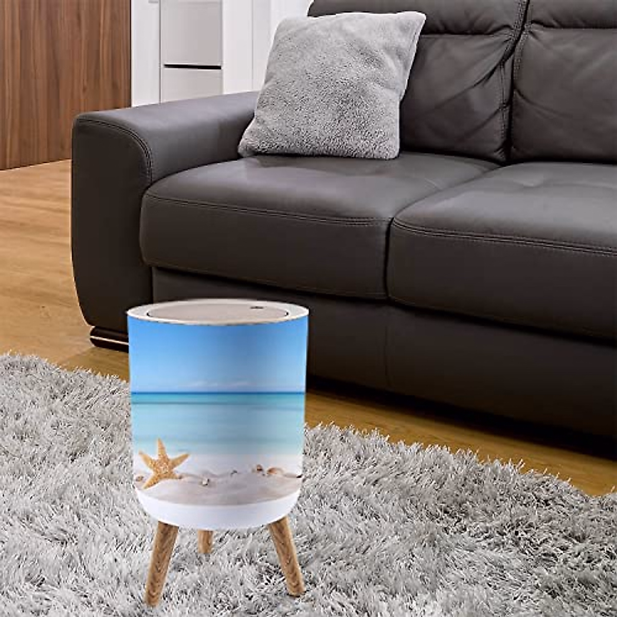 Small Trash Can with Lid Summer Beach with strafish and Shells 7 Liter Round Garbage Can Elasticity Press Cover Lid Wastebasket for Kitchen Bathroom Office 1.8 Gallon
