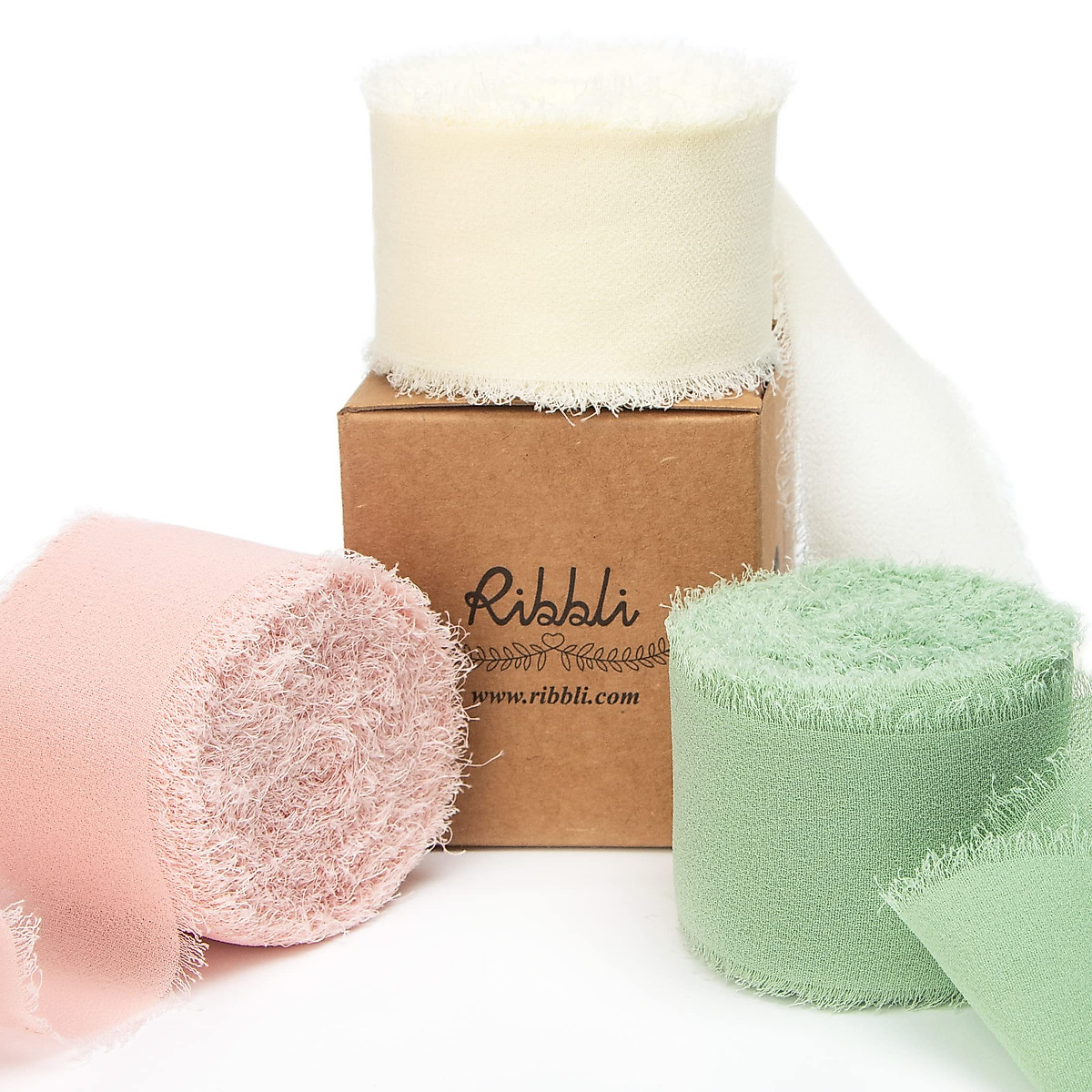 Ribbli Chiffon Ribbon 1.5 inch x 30 Yard Handmade Silk Ribbon, Ivory/Blush Pink/Sage Green Fringe Chiffon Ribbon for Wedding Invitations, Bridal Bouquets Wrapping, Flower Arrangement Decoration