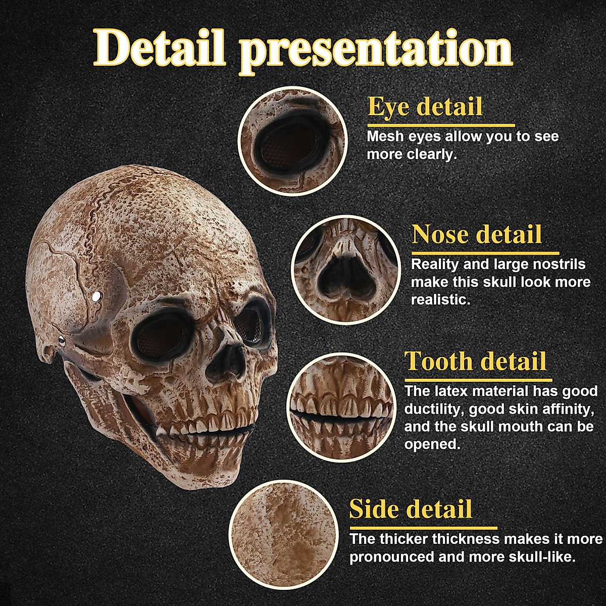 Halloween Mask Scary Full Head Skull Masks with Moving Jaw Realistic Latex Skeleton Props Cosplay Party Costume (A)