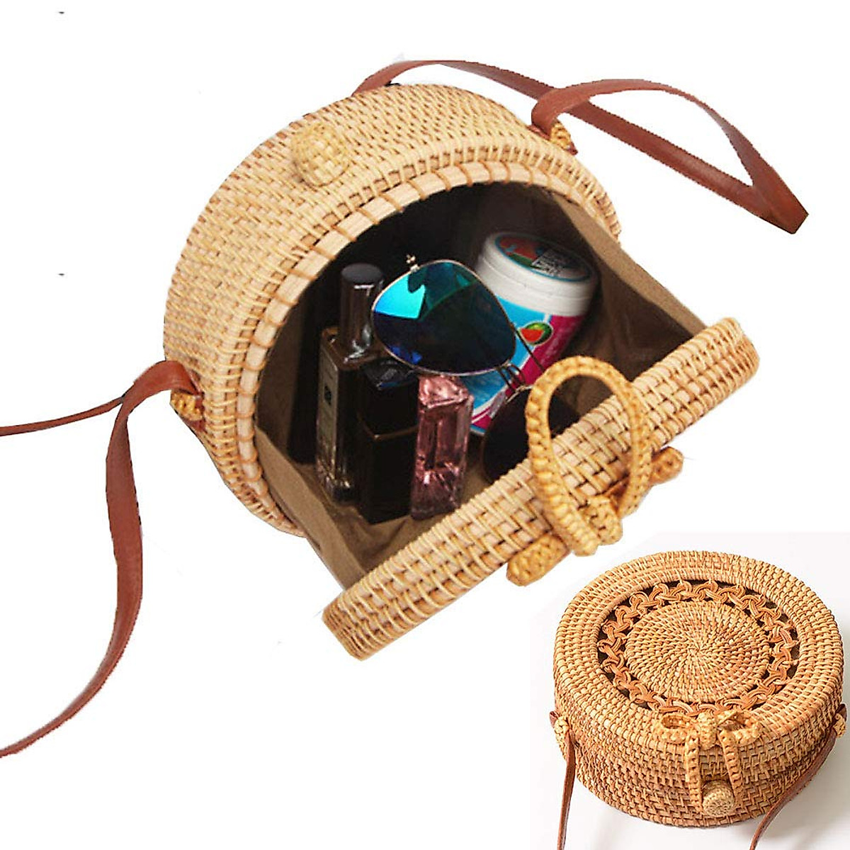 BaellerryRound Woven Ata Rattan Bag Summer Beach Shoulder Bag for Women, Beige, Medium