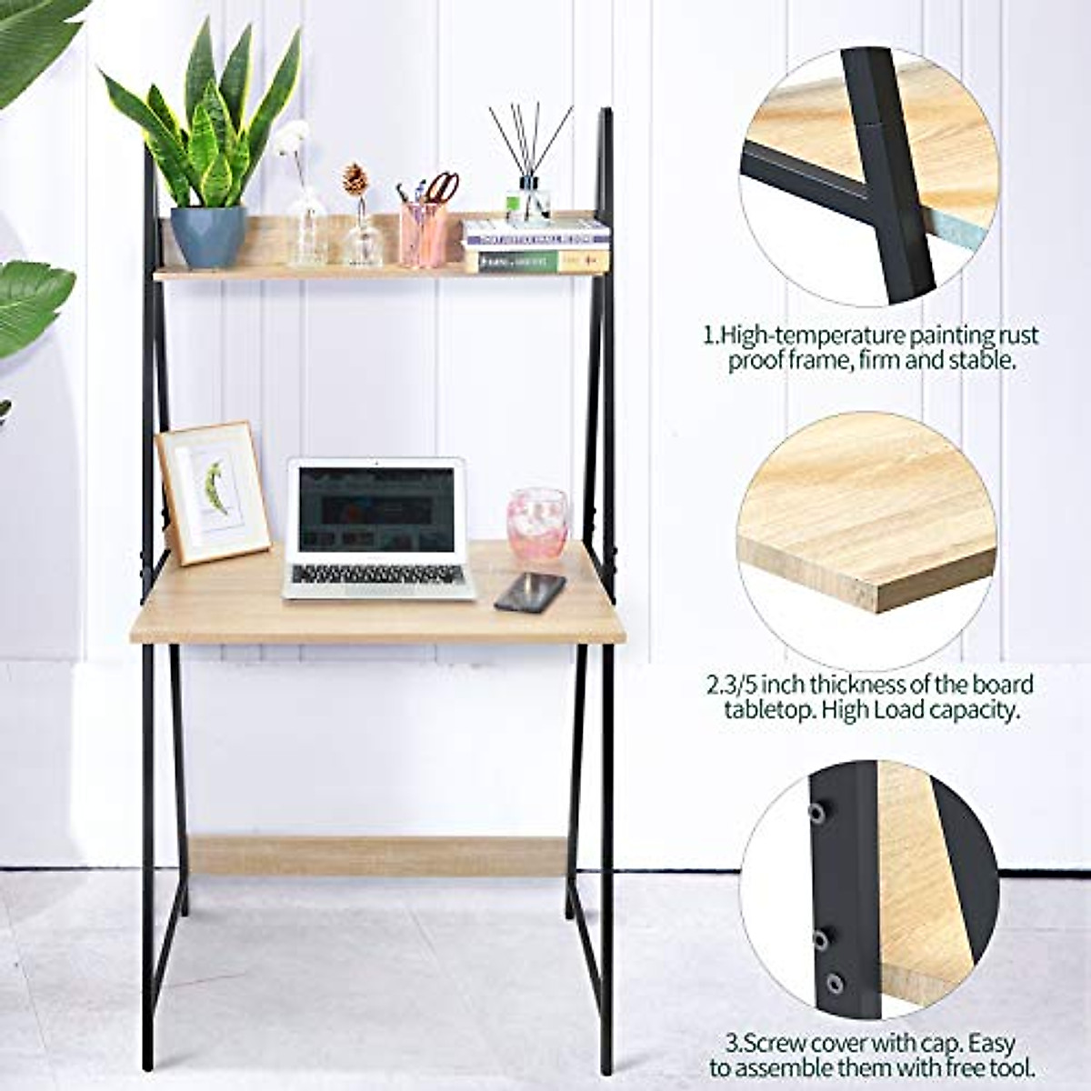 SpringSun 2-Tier Ladder Computer Desk with Storage Bookshelf, Modern Writting Table for Office and Home
