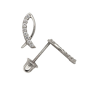 14k White Gold CZ Cubic Zirconia Simulated Diamond Animal Sealife Fish Shaped Screw Back Earrings Measures 9x4mm Jewelry for Women