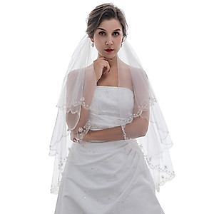2T 2 Tier Silver Threaded Beaded Wedding Veil V426 - Light Ivory Fingertip Length 36"