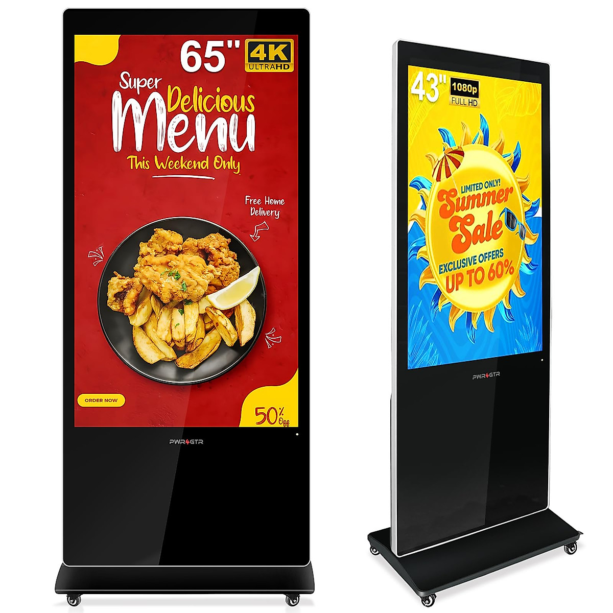 PWR4GTR 65 Inch Touchscreen Digital Signage Display and 43 Inch Digital Signage Kiosk