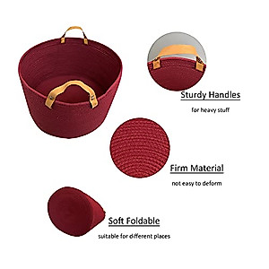 ICEBLUE HD XXL Rope Laundry Basket Woven for Toys Blankets,Storage Basket with leather handles 21"X13" -Burgundy