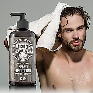 Viking Revolution Beard Conditioner w/Argan & Jojoba Oils - Softens & Strengthens - Natural Peppermint and Eucalyptus Scent- Beard Conditioner w/Beard Oil (17oz Conditioner)