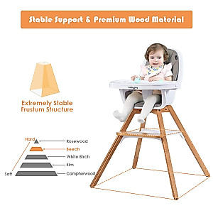 BABY JOY 3 in 1 High Chair, Baby Eat & Grow Convertible Wooden High Chair/Rocking Chair/Booster Seat/Toddler Chair, Infant Dining Chairs w/Double Removable Tray, 5-Point Seat Belt & PU Cushion, Gray