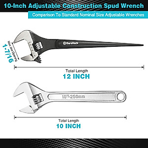 DURATECH 10-Inch Adjustable Construction Spud Wrench, Black Oxide Finish, CR-V Steel, SAE and Metric Scale Marked, Alignment Holes and Tail Crowbar Features