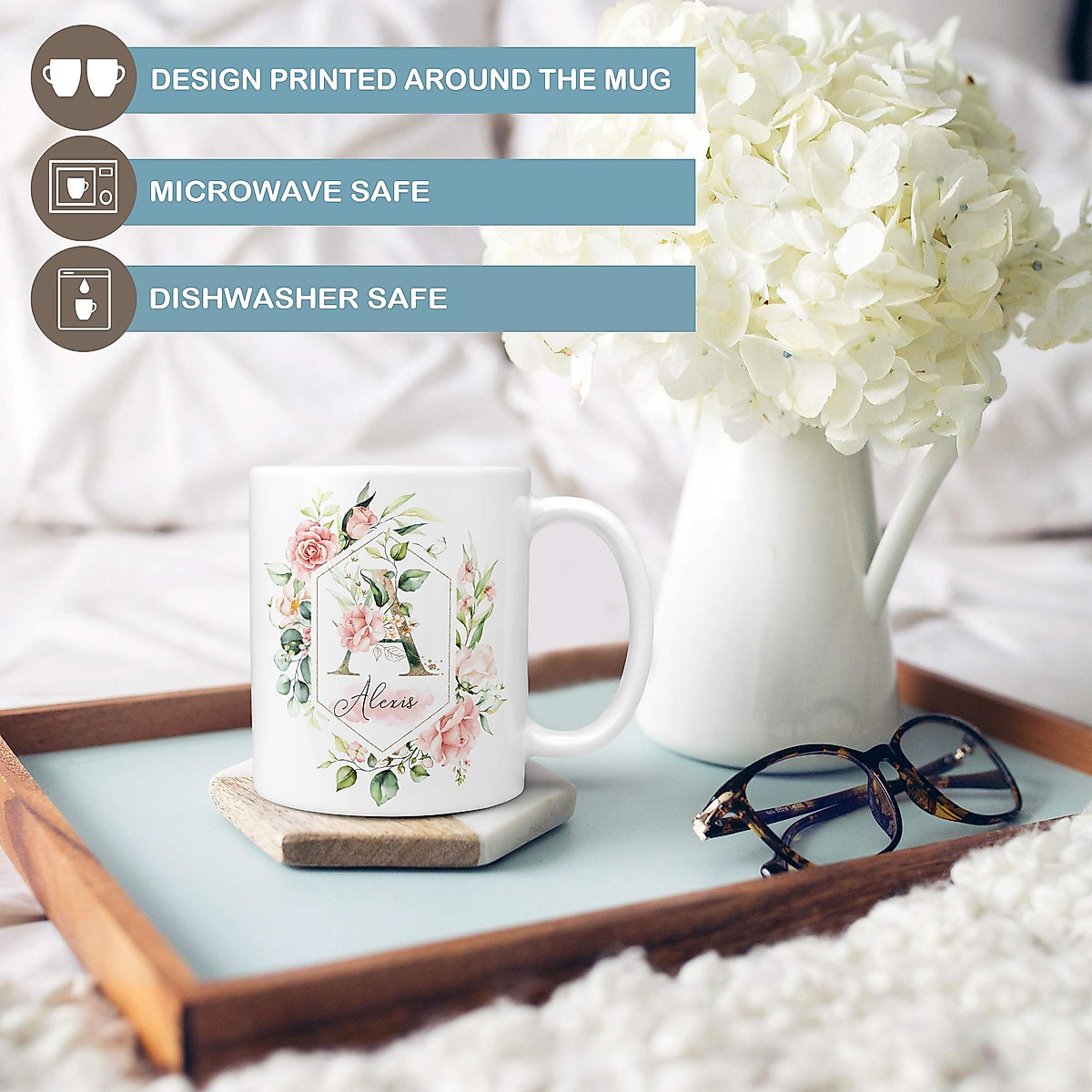 Pink Roses Floral Monogram Initial Coffee Mug | Pretty Spring Floral Bridesmaid Gift Microwave Dishwasher Safe Personalized Cup