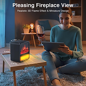 Small Portable Space Heater for indoor use with realistic 3D flame, Mini Electric Fireplace Heater with Thermostat, 1500W/750W PTC Ceramic Heating, Tip-Over Safety Switch, Black