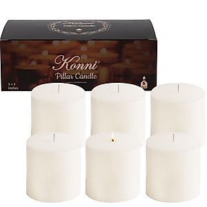 KONNI White Pillar Candles Set of 6, 3"x 3" Unscented Pillar Candles Bulk, 30 Hours Long Burning Candles, Smokeless&Dripless Large Round Candle for Wedding, Home Decoration, Parties, Spas, Dinner