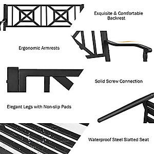 Safstar Outdoor Garden Bench, Metal Porch Bench Seat with Slated Seat & Decorative Backrest, 2-Person Loveseat for Patio Garden, Powder Coated Iron Frame, Patio Bench Front Door Bench for Outside