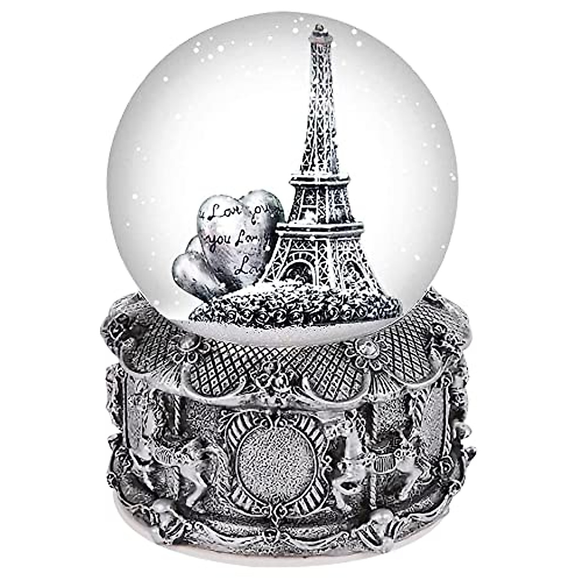 DELIWAY Eiffel Tower Snow Globe Plays 8 Classic Tunes, 100mm Music Snowglobes Carousel Horses Base Hand-Painted Collectible Gifts for Birthday Christmas