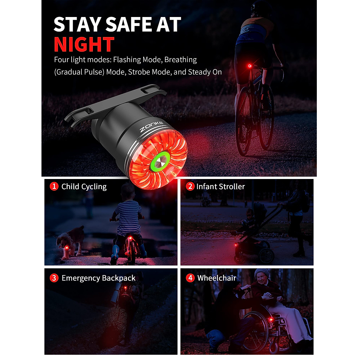 Smart Bike Tail Light with Automatic Brake Detection, USB Rechargeable, Ultra Bright LED Taillight for Night Riding and Bicycle Safety, Waterproof Back Taillights for Road Cycling