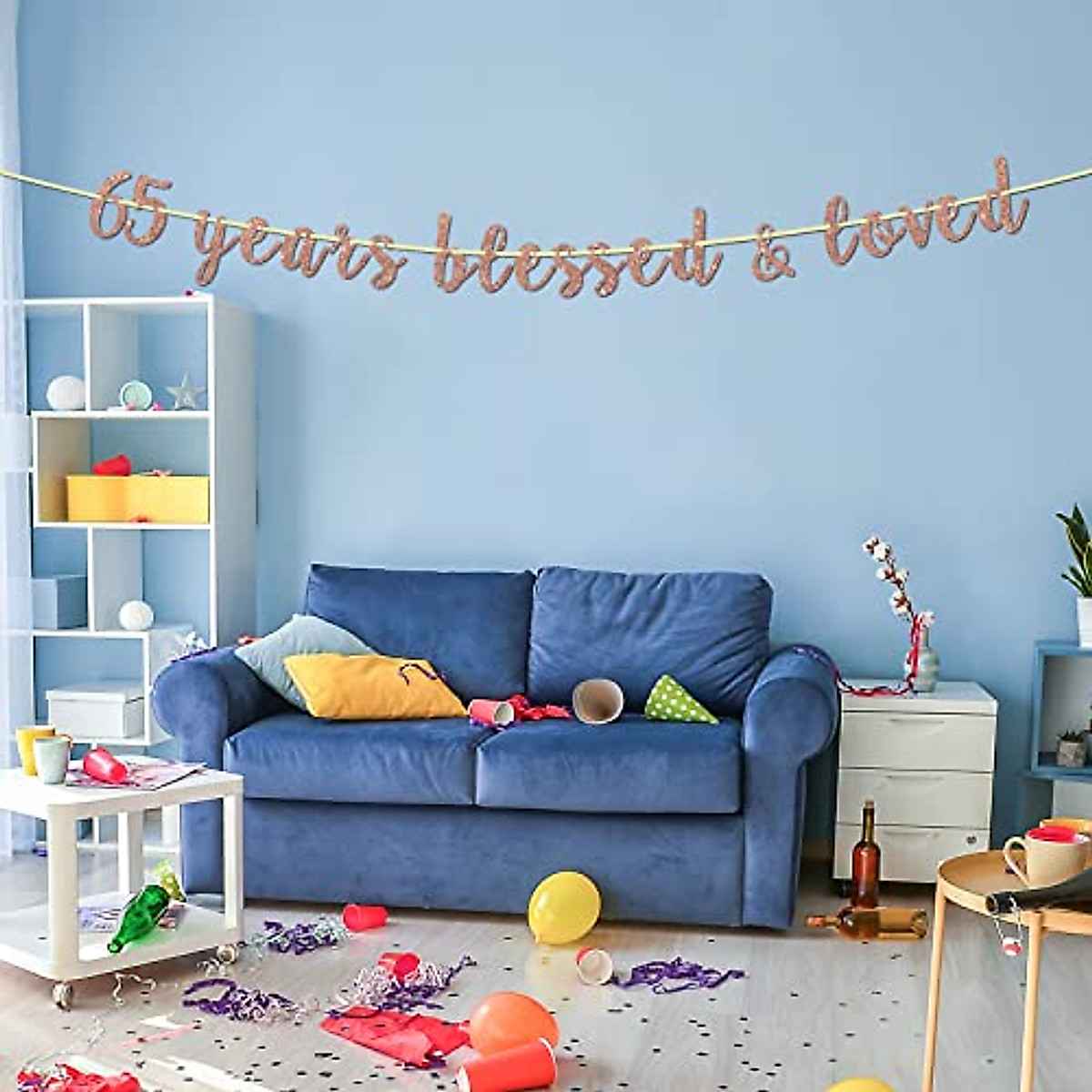 Aonbon Glitter 65 Years Blessed & Loved Banner - 65th Birthday / 65th Anniversary Banner, 65th Birthday / 65th Anniversary Party Decorations - Rose Gold (65)
