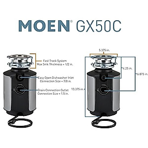 Moen GX50C Disposer Prep Series 1/2 HP Continuous Feed Garbage Disposal with Sound Reduction, Power Cord Included